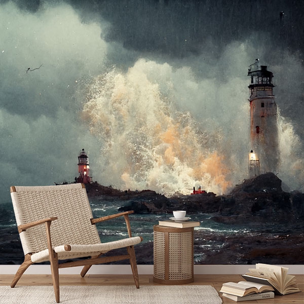 🥇 Wallpaper or mural painting landscape of lighthouses in storm 🥇