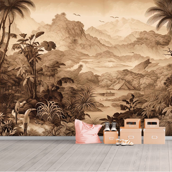 🥇 Wall mural or wallpaper drawing sepia tropical jungle birds palms and ...