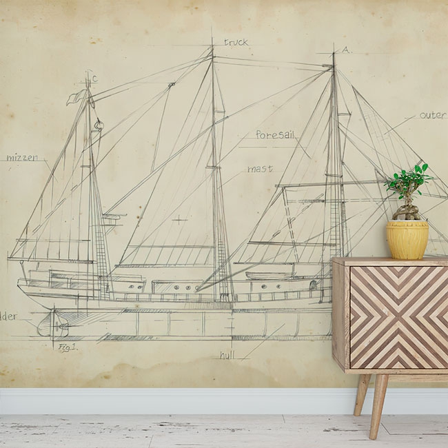 🥇 Wall mural or wallpaper old blueprints of sailboat boat design 🥇