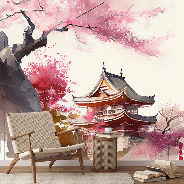 🥇 Wallpaper or mural japanese landscape drawing with temple in watercolor 🥇
