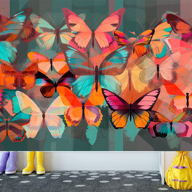 🥇 Wall mural or wallpaper colorful modern butterflies children's youth ...